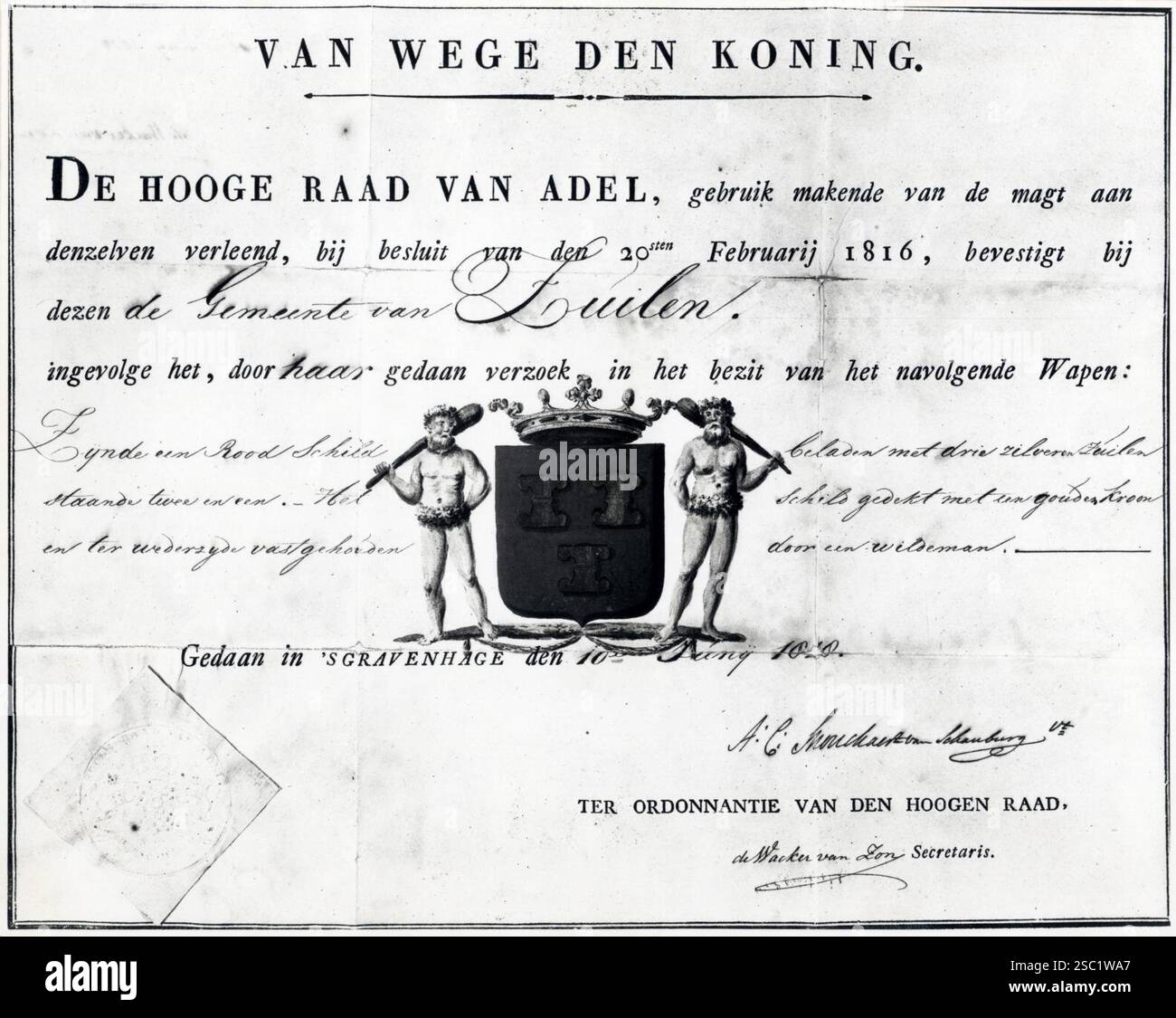 Afbeelding van de akte van de Hoge Raad van Adel waarbij de gemeente ...