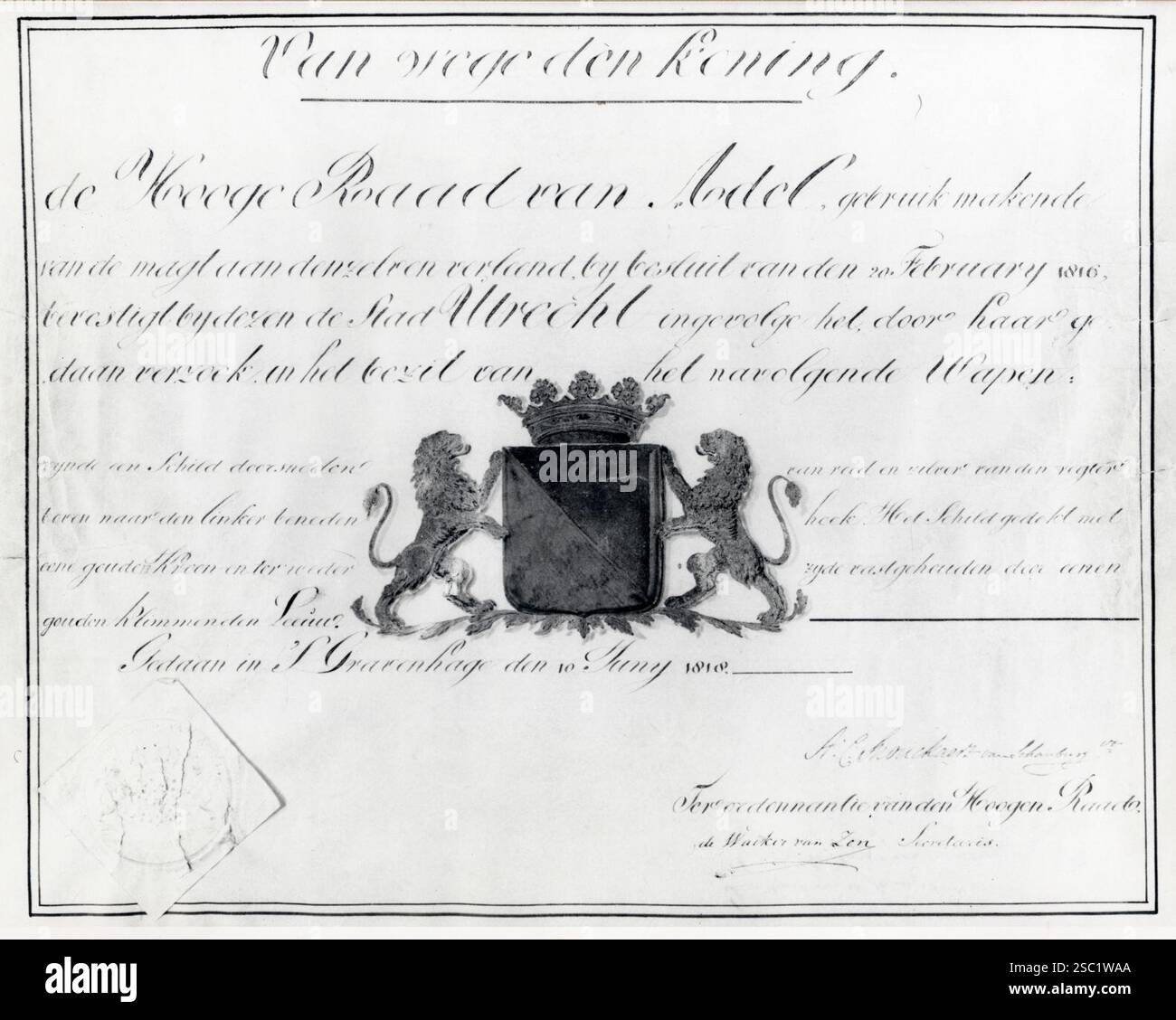 Afbeelding van de akte van de Hoge Raad van Adel waarbij de stad ...