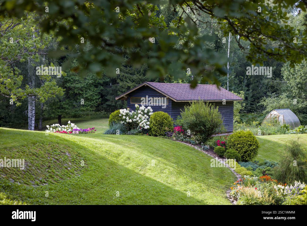 Beautiful backyard garden with a variety of flowering plants and shrubs ...