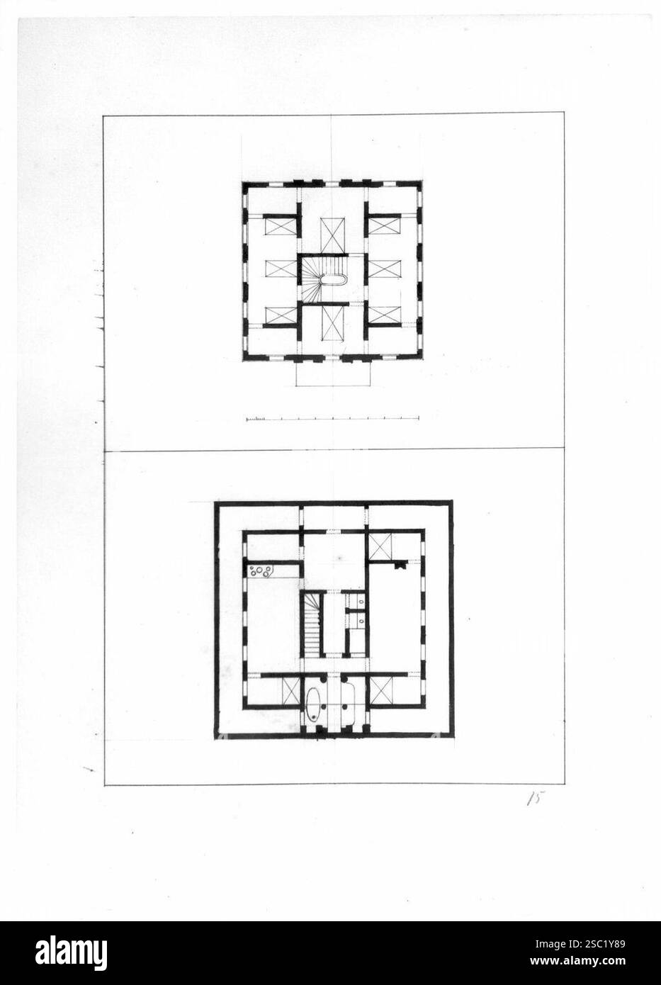 Plattegrond van de begane grond onder en de verdieping boven van een ...