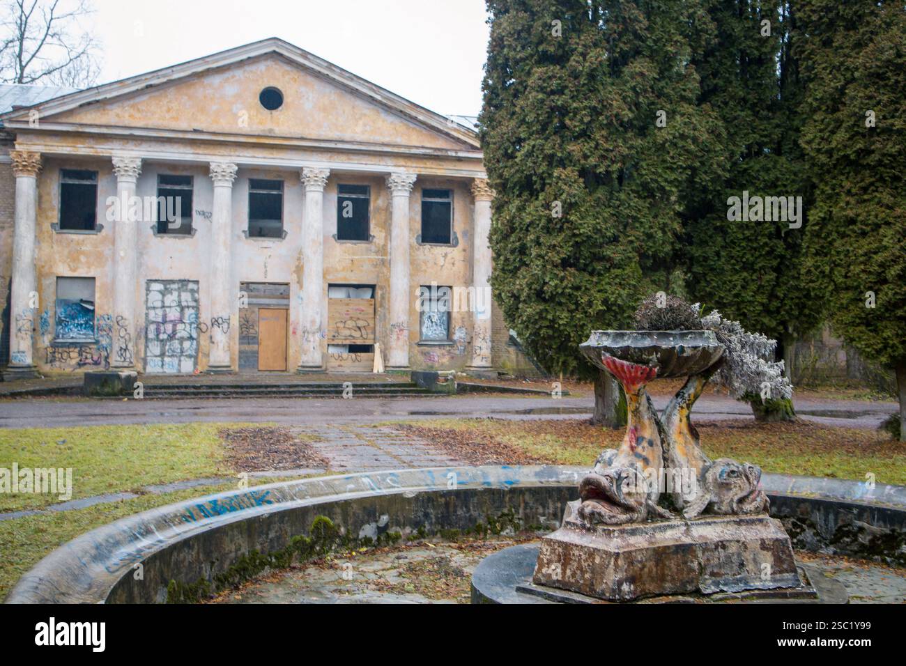 Exterior of the Baldone Sanatorium, a historic building with classical ...