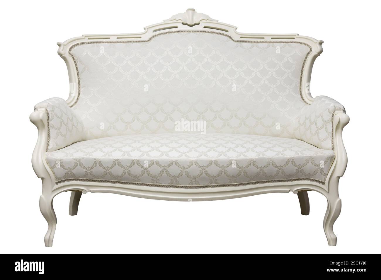 Elegant light-colored loveseat or small sofa with patterned upholstery ...