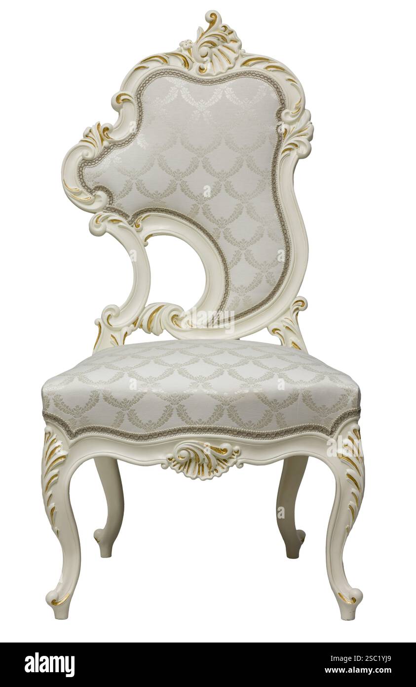 Elegant white chair with patterned upholstery and decorative carvings ...