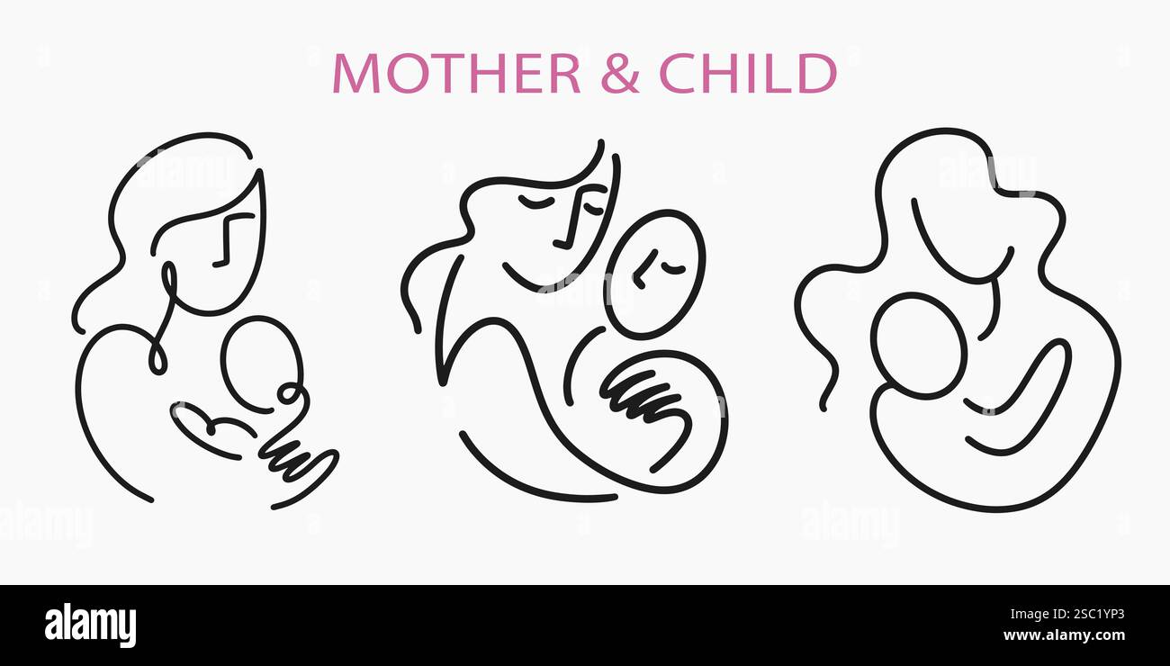 Mother and Baby One Line Art Drawing Breastfeeding Stock Vector Image ...
