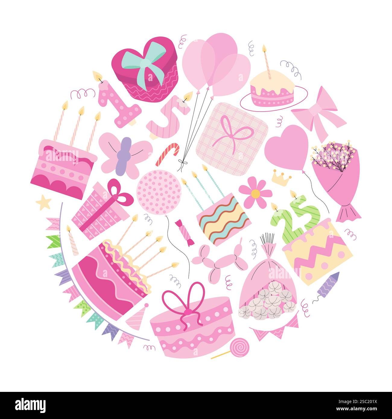 Happy Birthday flat vector set in pink colors Stock Vector Image & Art ...