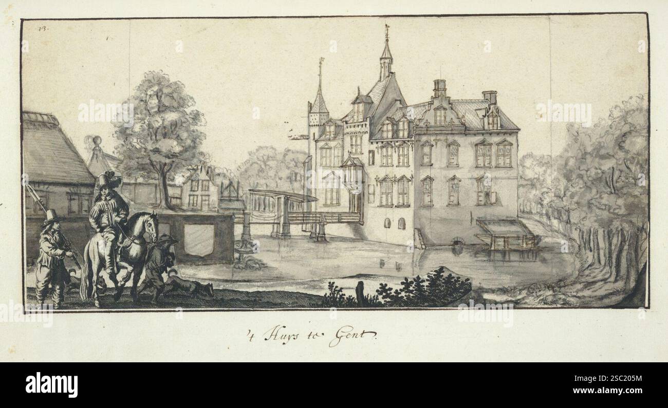 Gezicht op de voorburcht en het hoofdgebouw van het kasteel Rijnenburg ...
