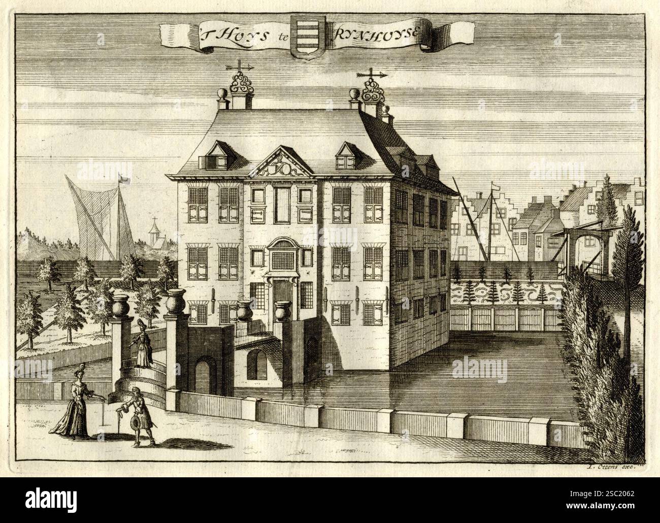 Gezicht op de voor en de zijgevel van het kasteel Rijnhuizen te ...