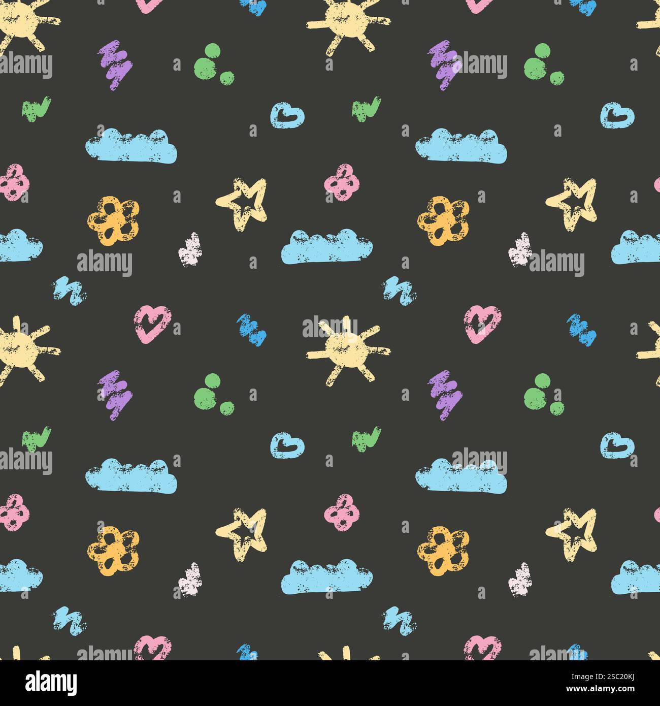 Kids crayon seamless pattern with clouds, sun Stock Vector Image & Art ...