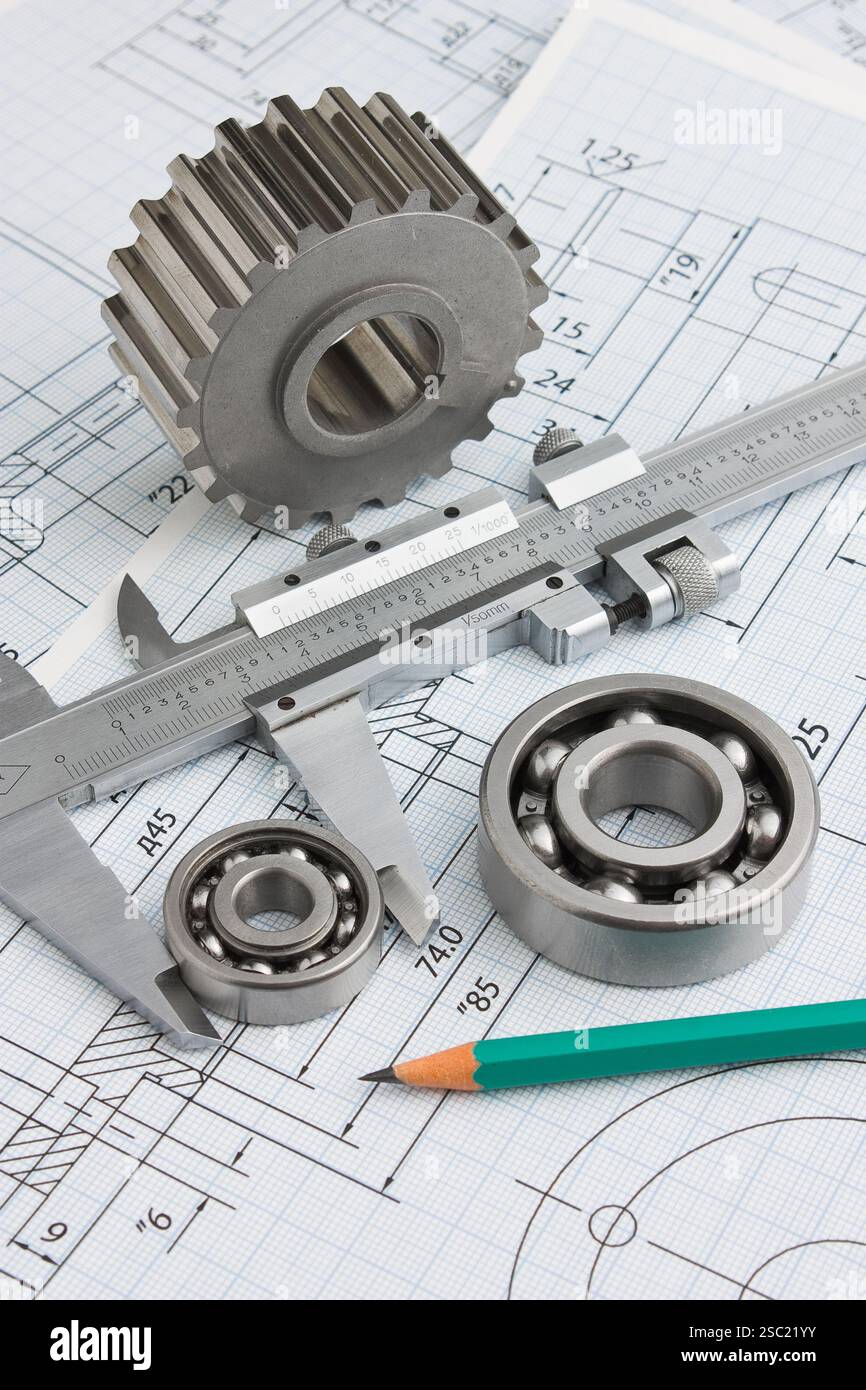 tools and mechanisms detail on the background of technical drawings ...