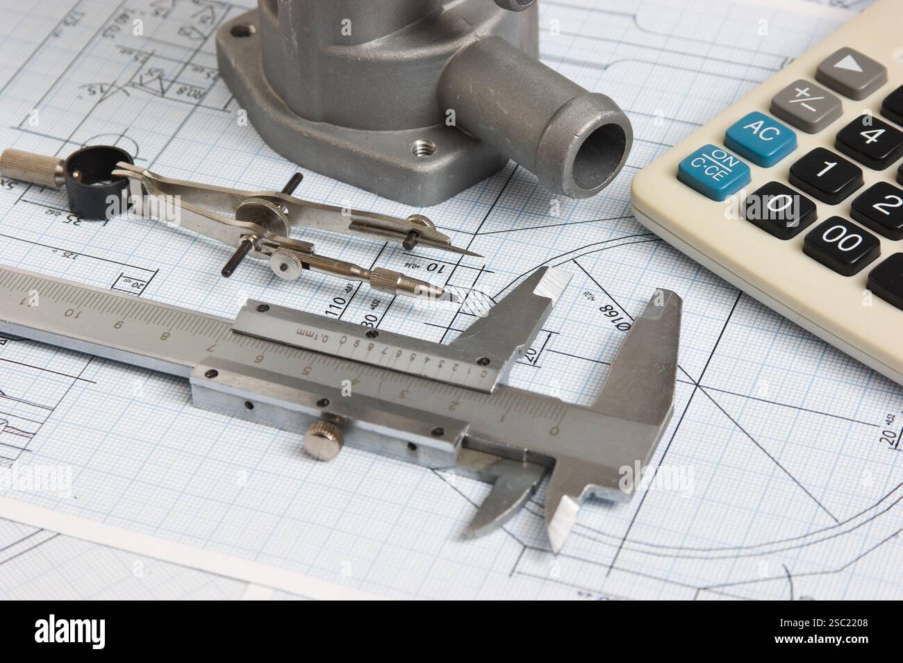 drawings of mechanisms with parts and tools Stock Photo - Alamy