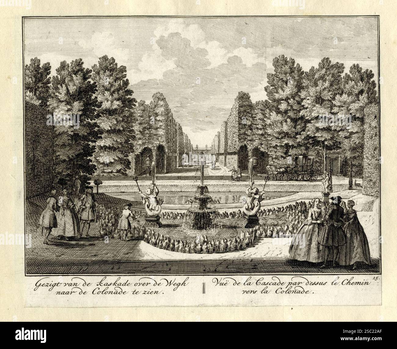 Gezicht over de waterwerken van de Cascade en de weg die de ...