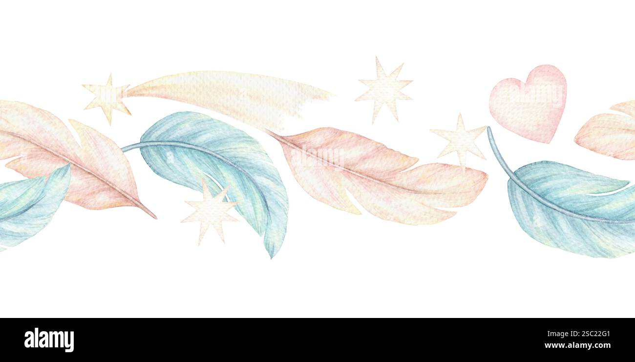 Pajama party seamless border with soft blue and pink feathers and star ...