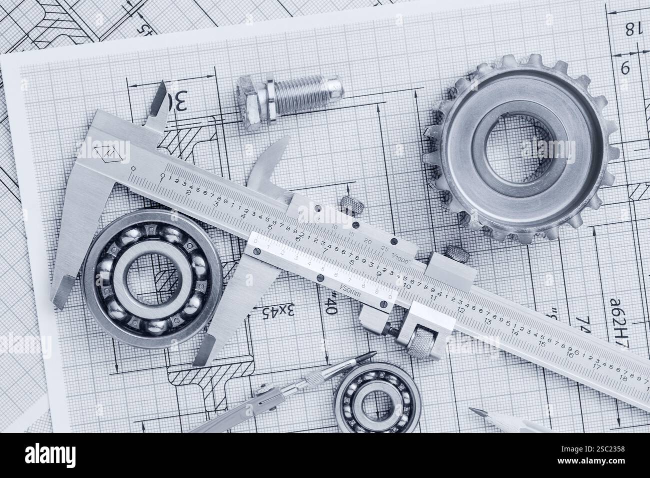 tools and mechanisms detail on the background of technical drawings ...