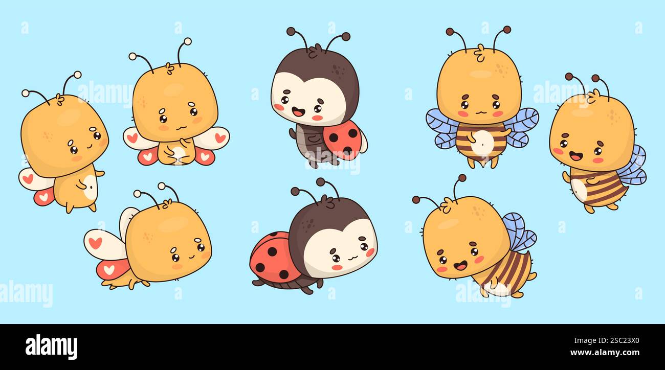 Cute insects collection. Cartoon butterfly, bee and ladybug. Isolated ...