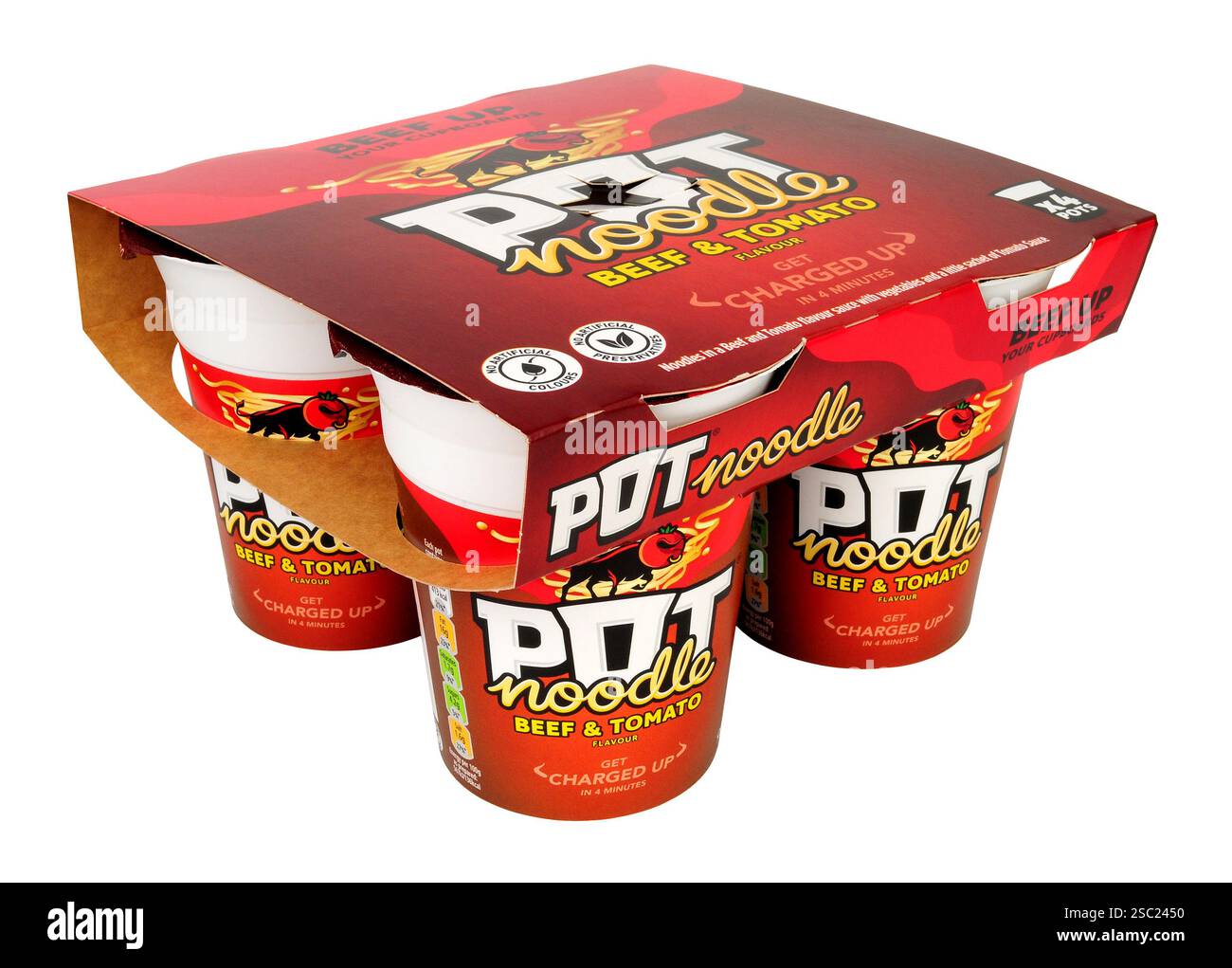 Pot noodle beef and tomato flavour instant noodles in a pack containing ...