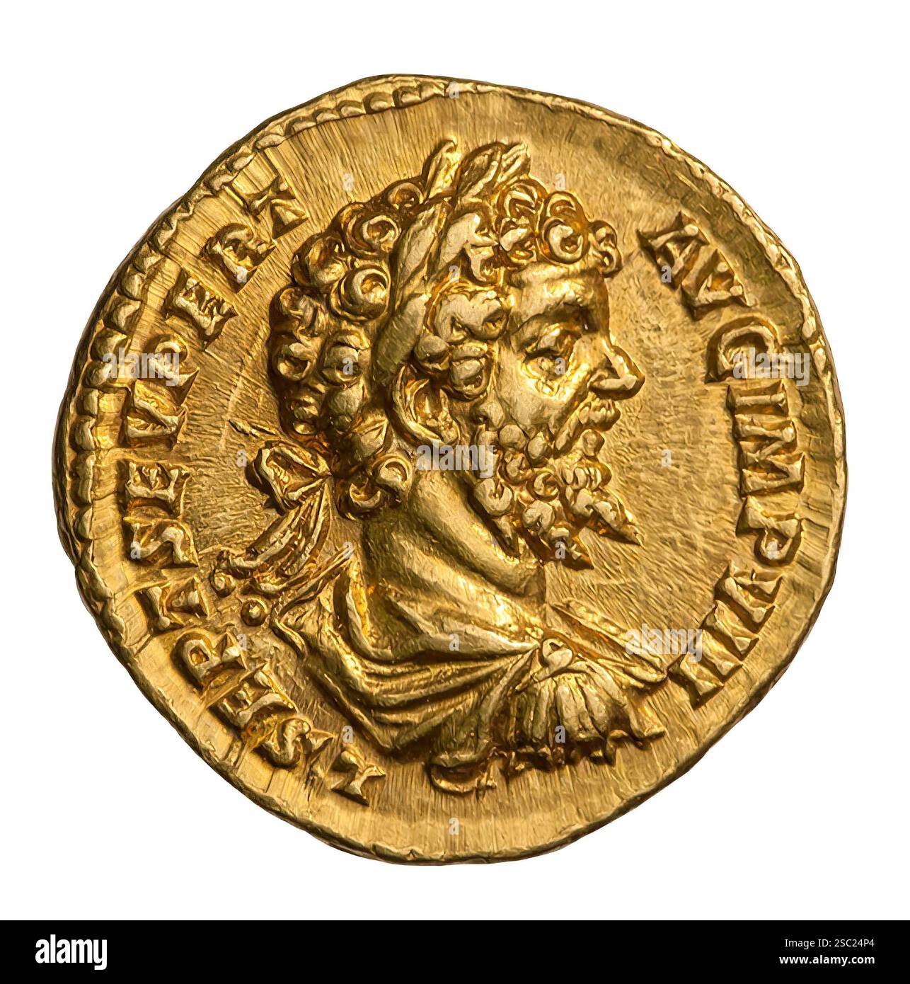 7541. Gold coin depicting the Roman Emperor Septimius Severus (C.E.193 ...