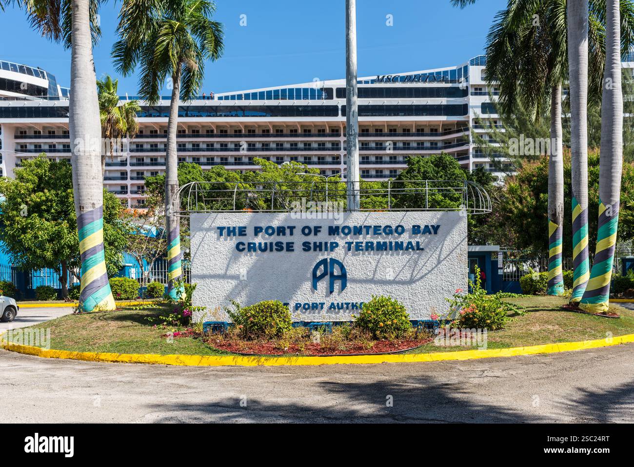 Montego Bay, Jamaica - April 2, 2024: There is a large sign of the Port ...