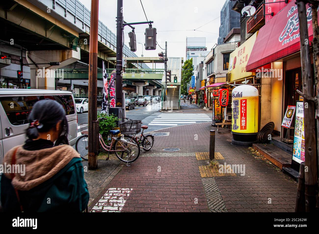 An Osaka street with train station, overpass and restaurants in Japan ...