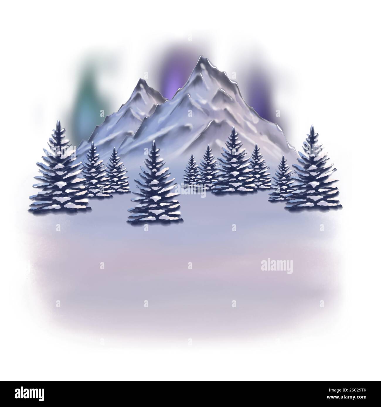 Atmospheric digital illustration of snow-covered mountains, fir trees ...