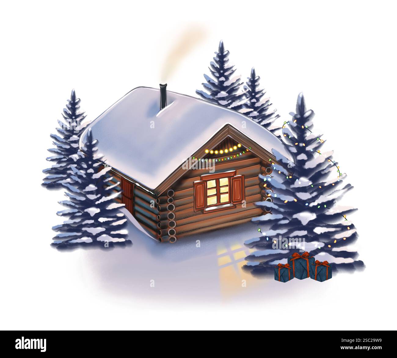 Atmospheric digital illustration of a cozy wooden cabin with glowing ...