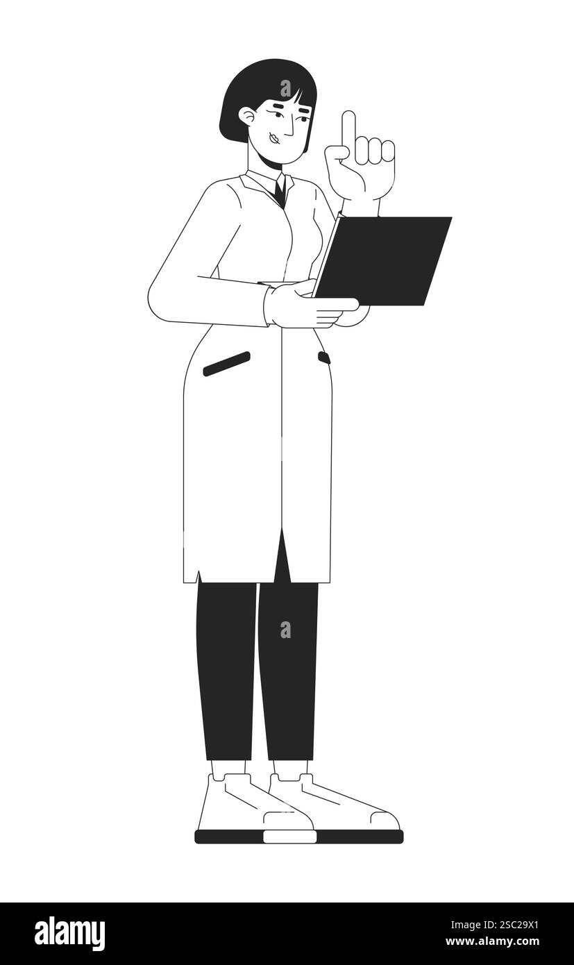 Asian female scientist in lab coat holding laptop black and white 2D ...