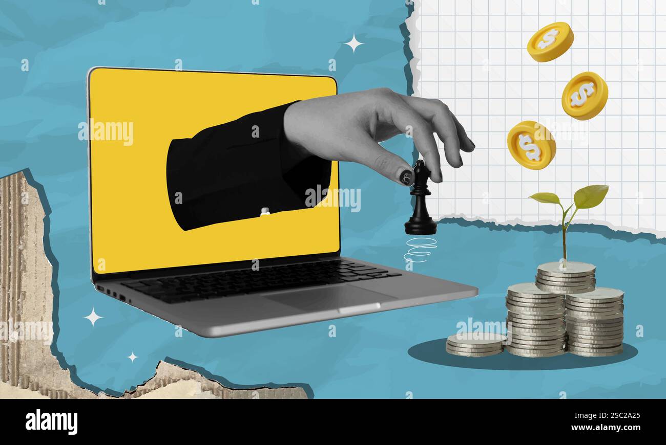 Hand manipulating chess piece from laptop screen for investment themes ...