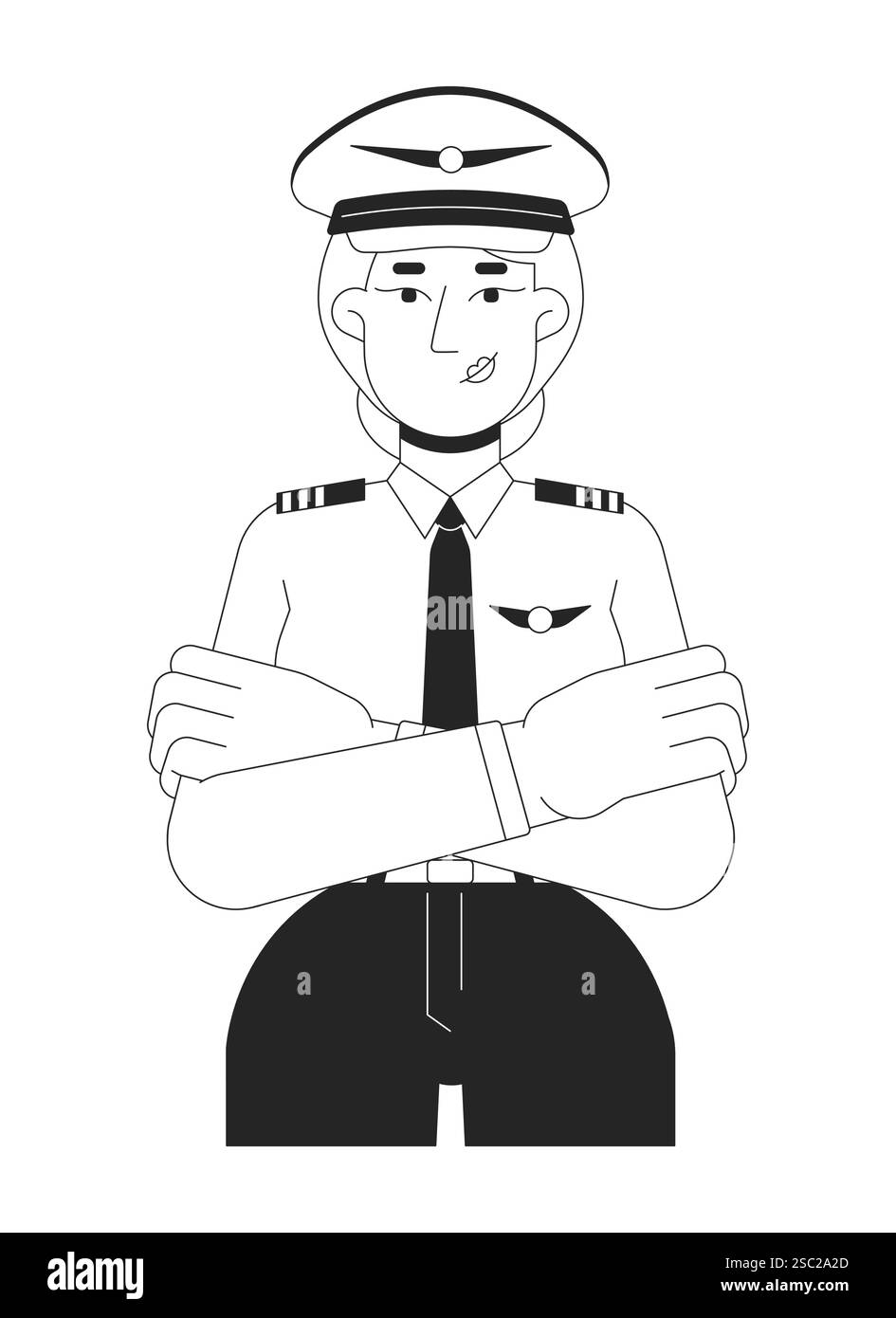 Blonde female pilot in uniform black and white 2D line character Stock ...