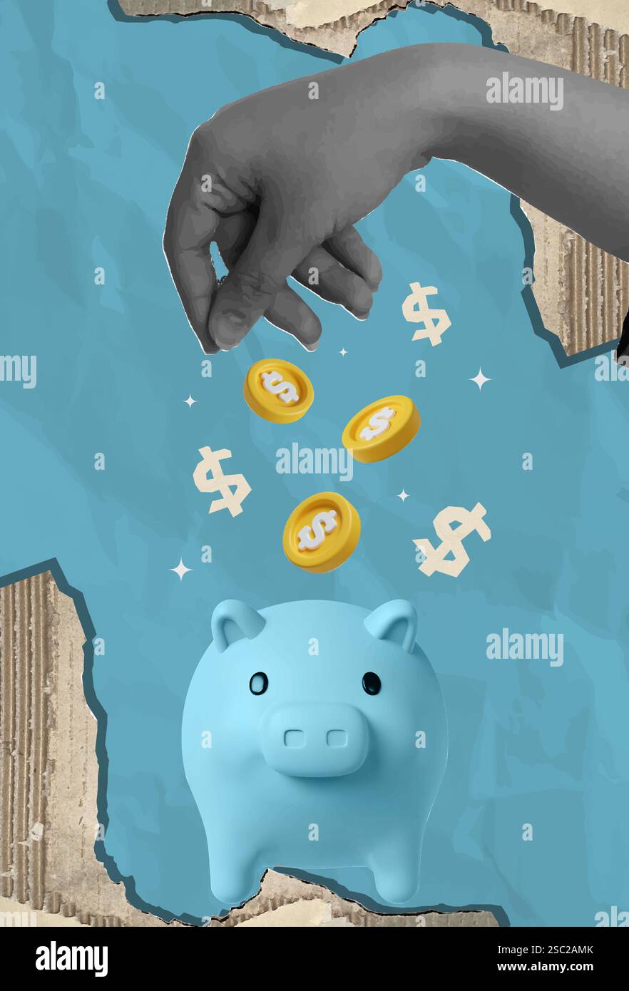 Hand dropping coins into a blue piggy bank illustrating savings and ...