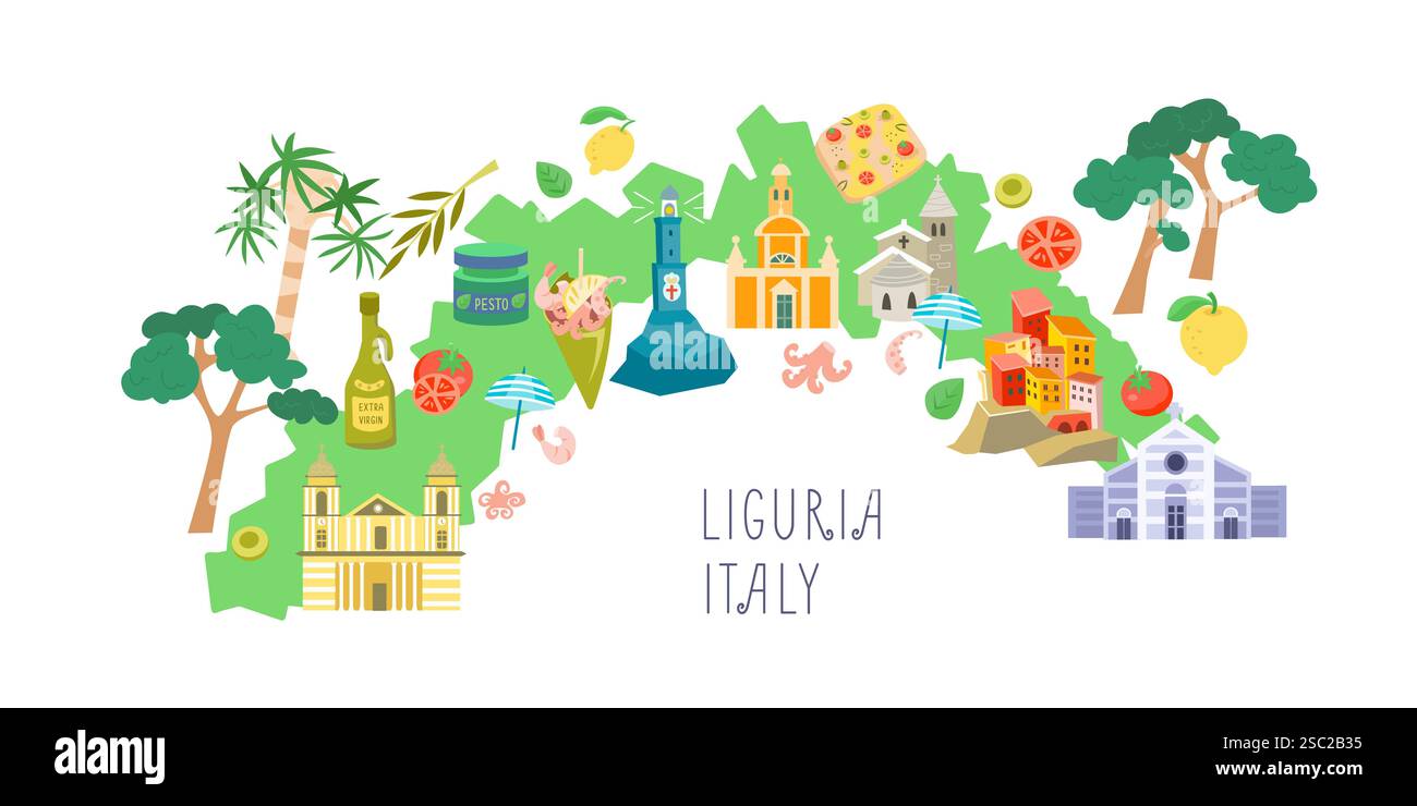 Map of Liguria, Italy. Sights and buildings. Traditional Mediterranean ...