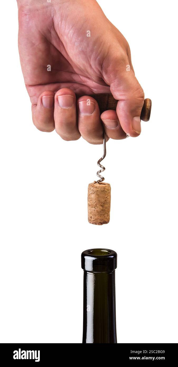 Corkscrew in hand isolated on white background Stock Photo - Alamy