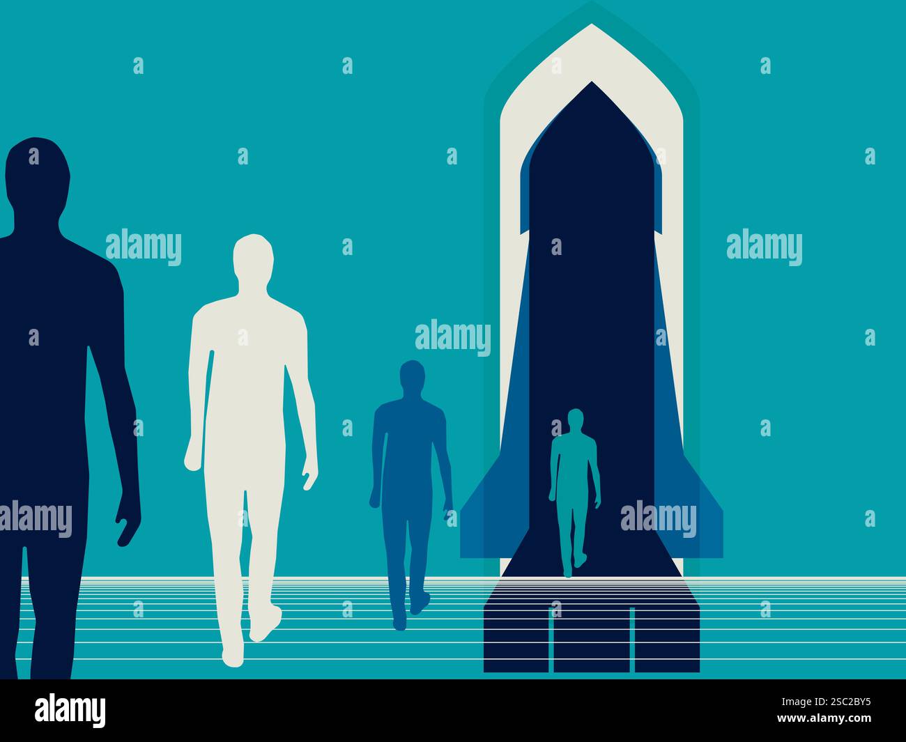 People board a spaceship ready to take flight. Space illustration ...