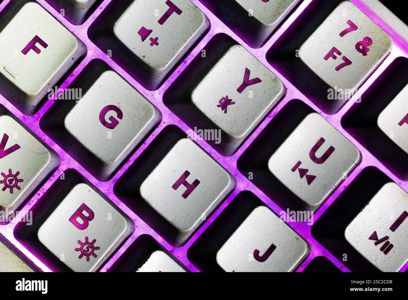 Macro photo of keyboard button with purple bright backlit color Stock ...