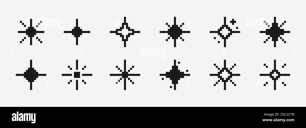 Pixel art sparkling stars, flashes, fireworks. Set of pixelated sparkling elements for game ...