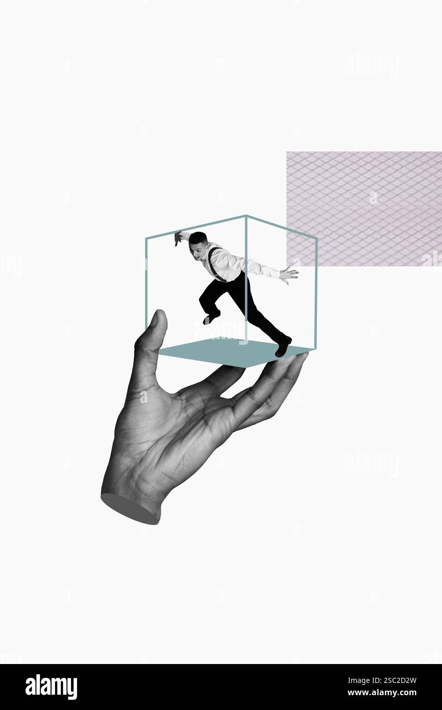 Trend image vertical photo collage of puzzled scared man sit birdcage ...