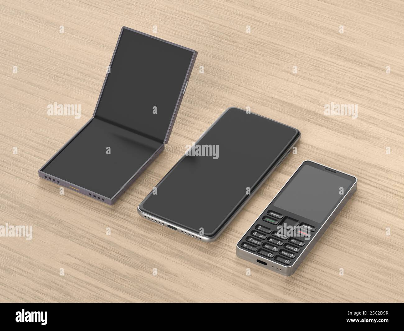 Different types of mobile phones with blank displays on a wooden desk ...