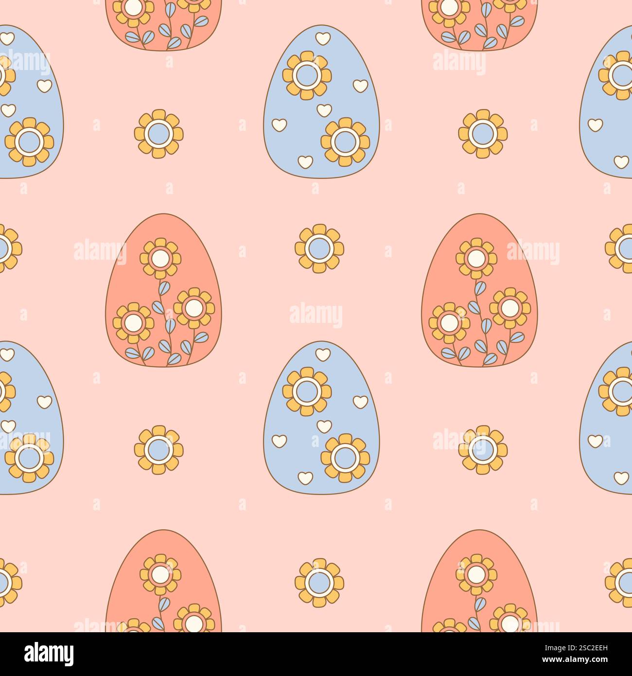 Easter Seamless pattern with decorative paschal egg with flowers on pink background. Holiday ...