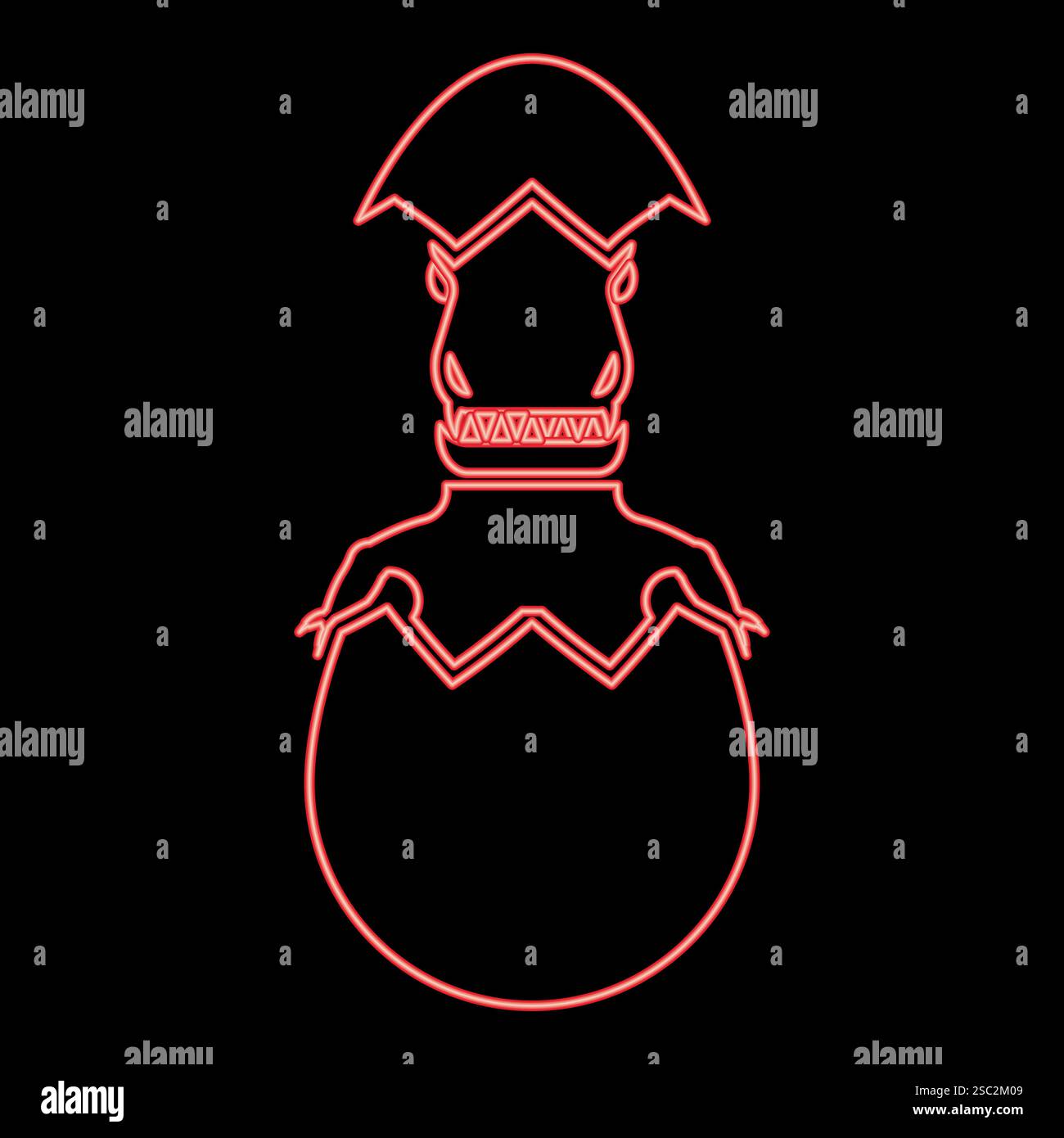 Neon evil dinosaur hatch from egg cracked eggshell red color vector ...