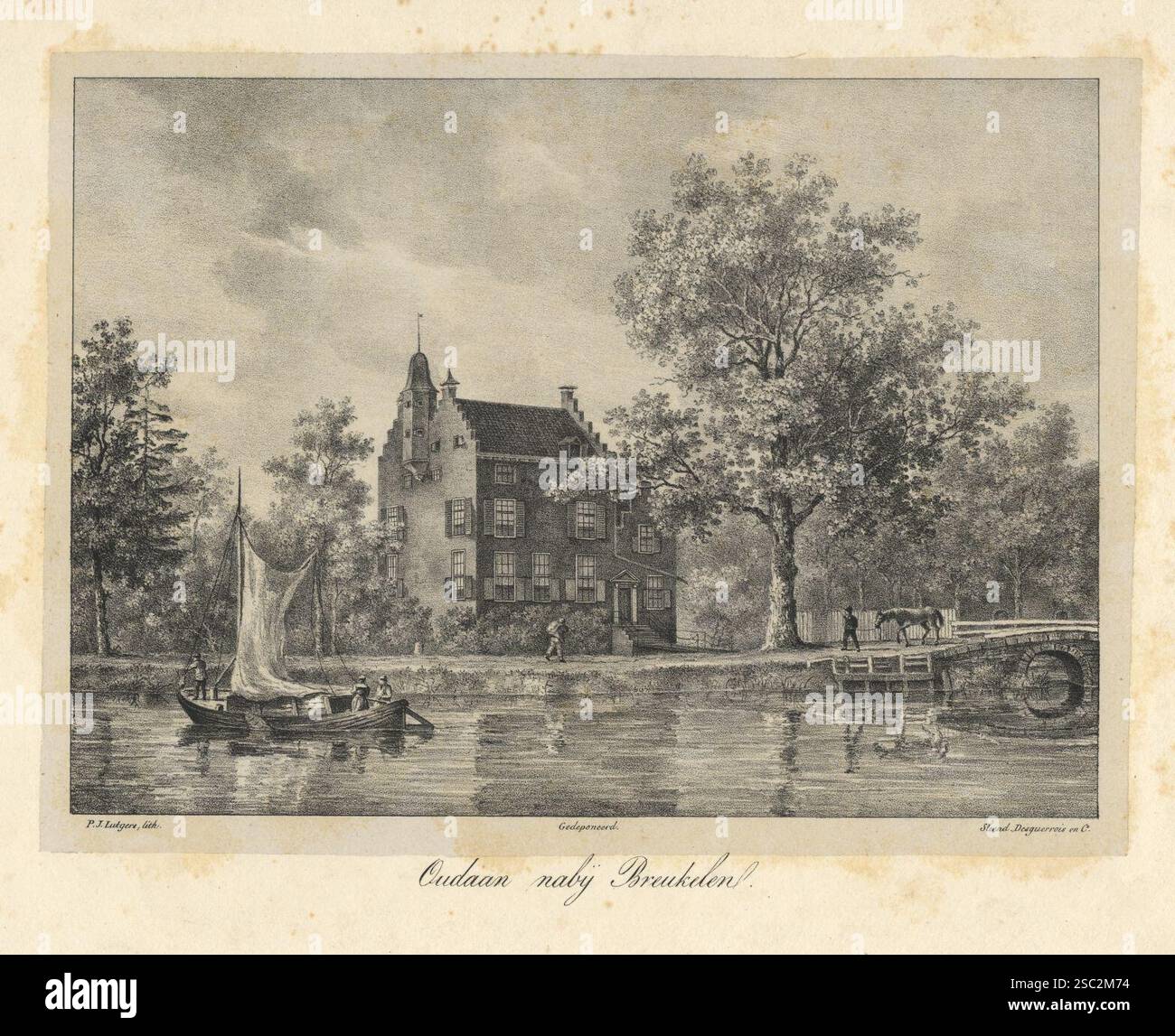 Gezicht over de Vecht op de voor en zijgevel van het kasteel Oudaen bij ...