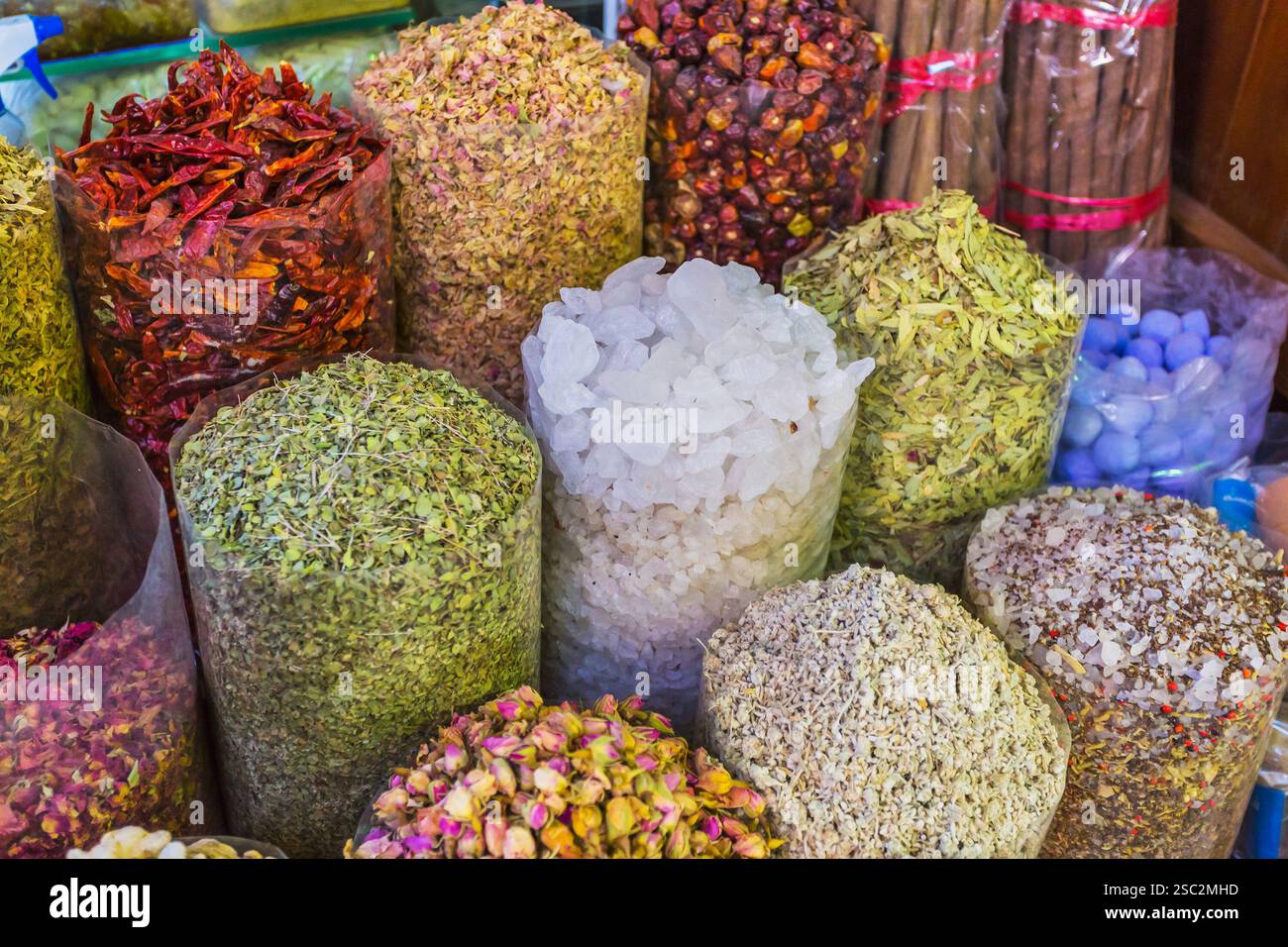 dried herbs flowers spices in the spice souq at Deira. UAE Dubai Stock ...