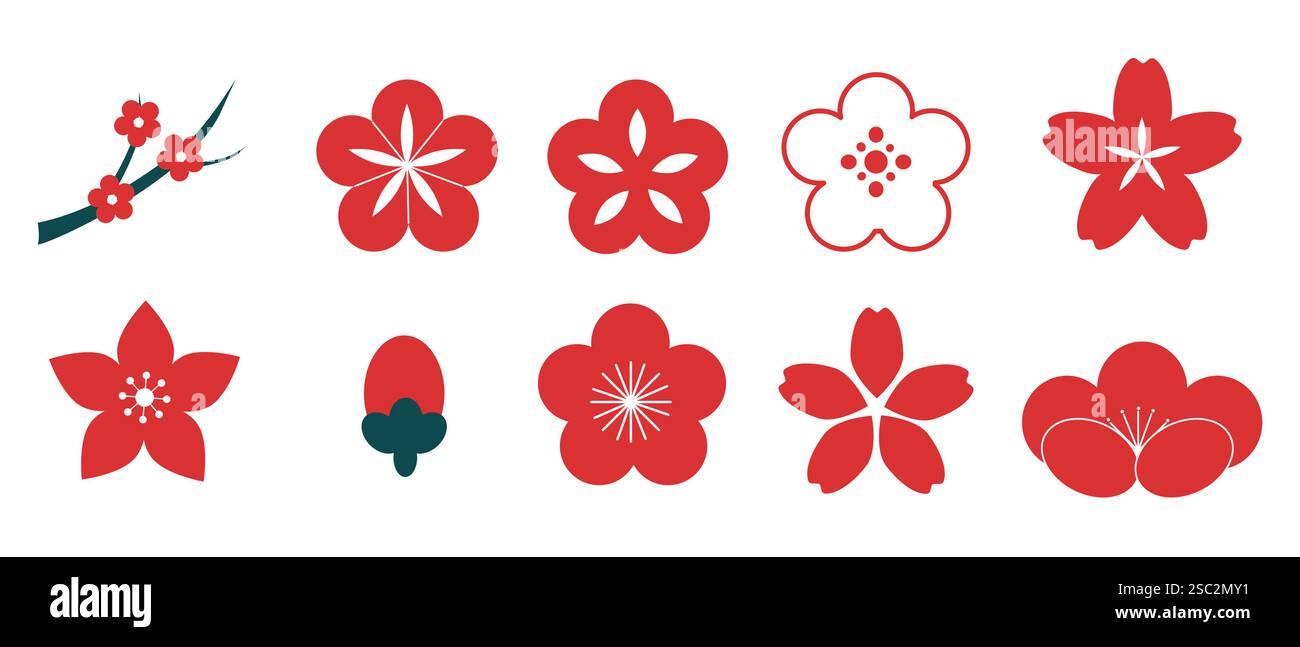 Sakura red cherry flower blossom, simple silhouette petal. Spring ...