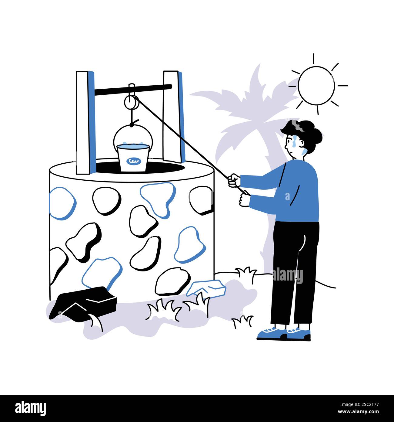 A man pulling out water in bucket from well, modern style vector ...