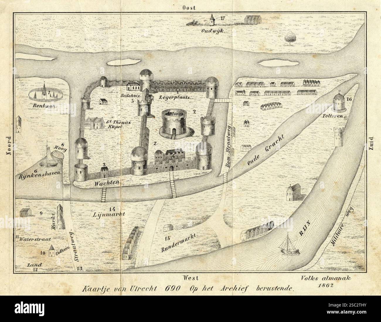 Plattegrond van de burcht Trecht met omliggende bebouwing in opstand en ...