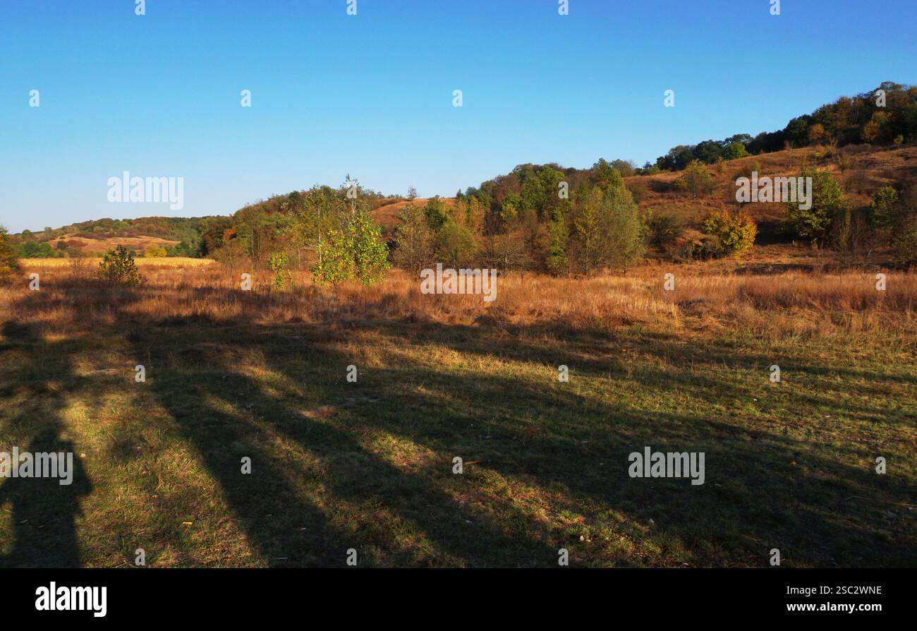 the rays of the low sun cast long shadows across a colorful hilly area ...