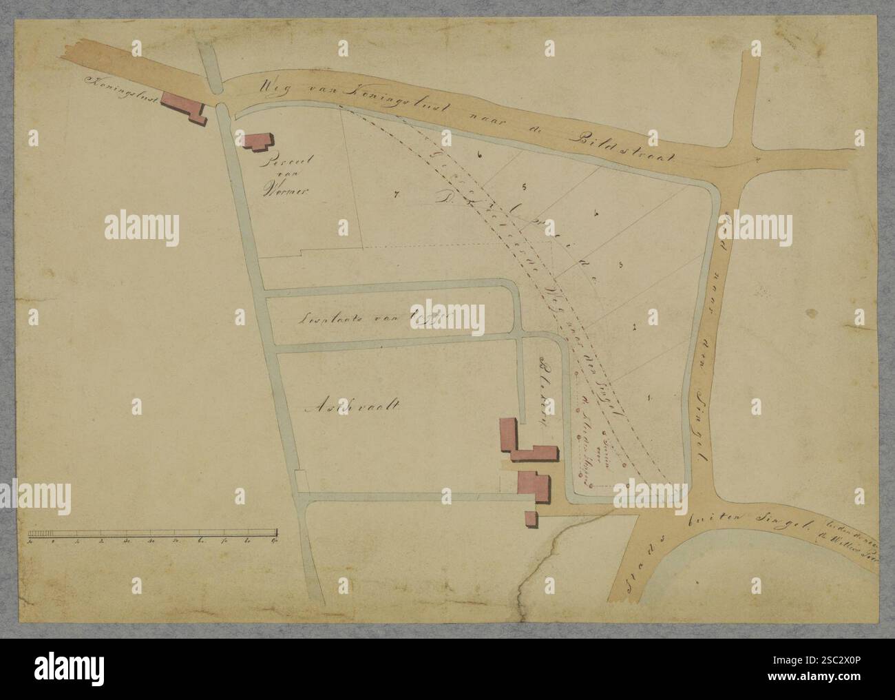 Kaart van het terrein tussen de latere Kapelstraat latere Kleine Singel ...