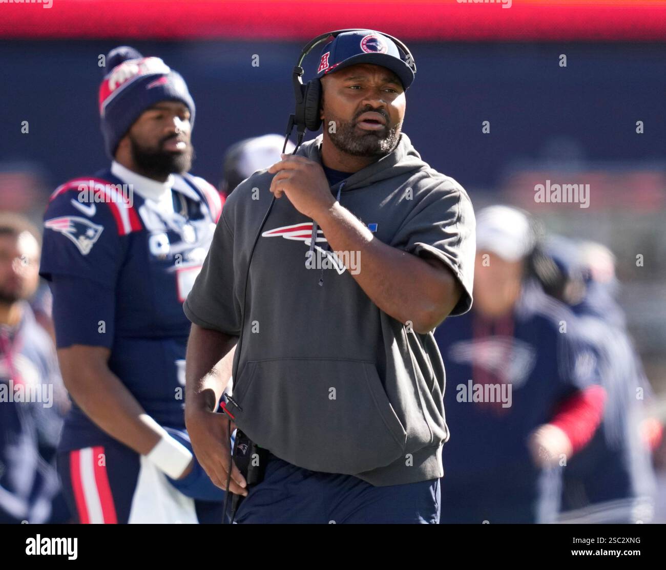 FILE - New England Patriots head coach Jerod Mayo shouts from the ...