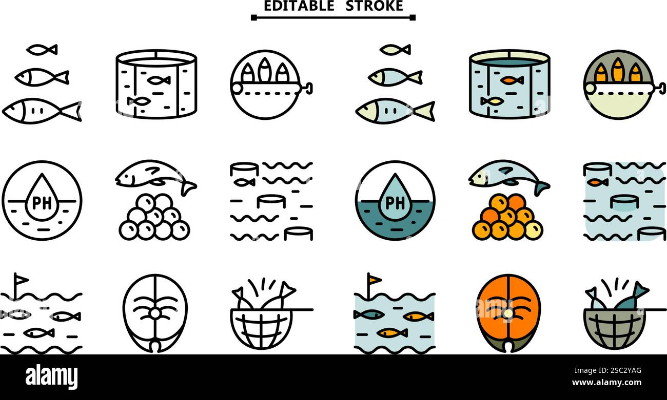 Fish farm icons set. Editable stroke. Flat set of fish farm icons ...