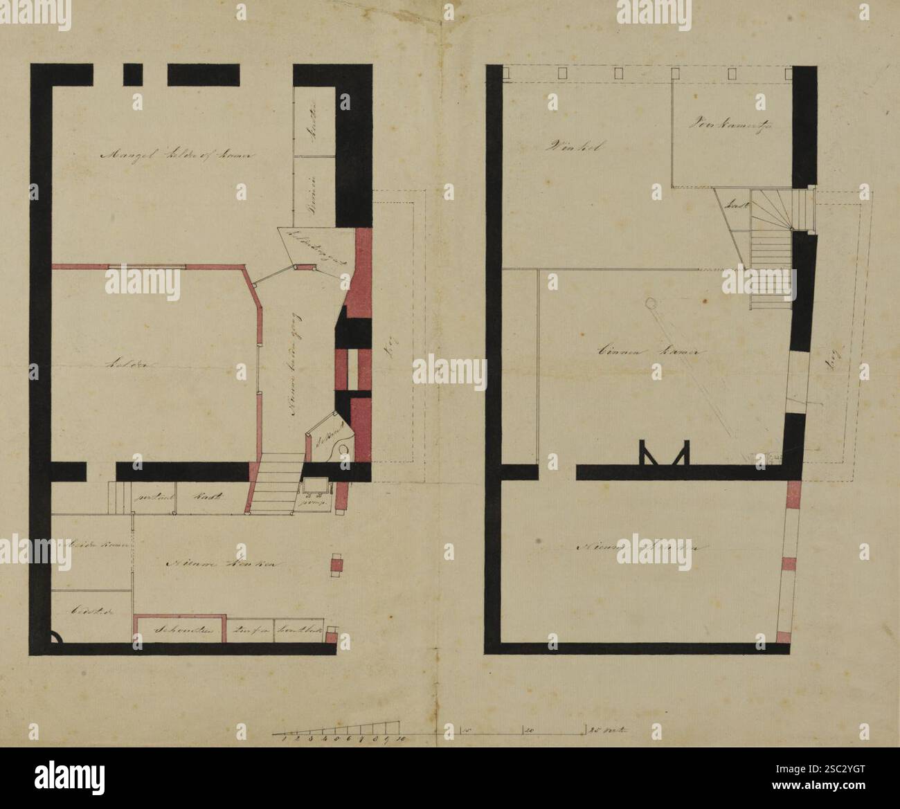 Plattegronden van de kelder en de begane grond van het winkelwoonhuis ...