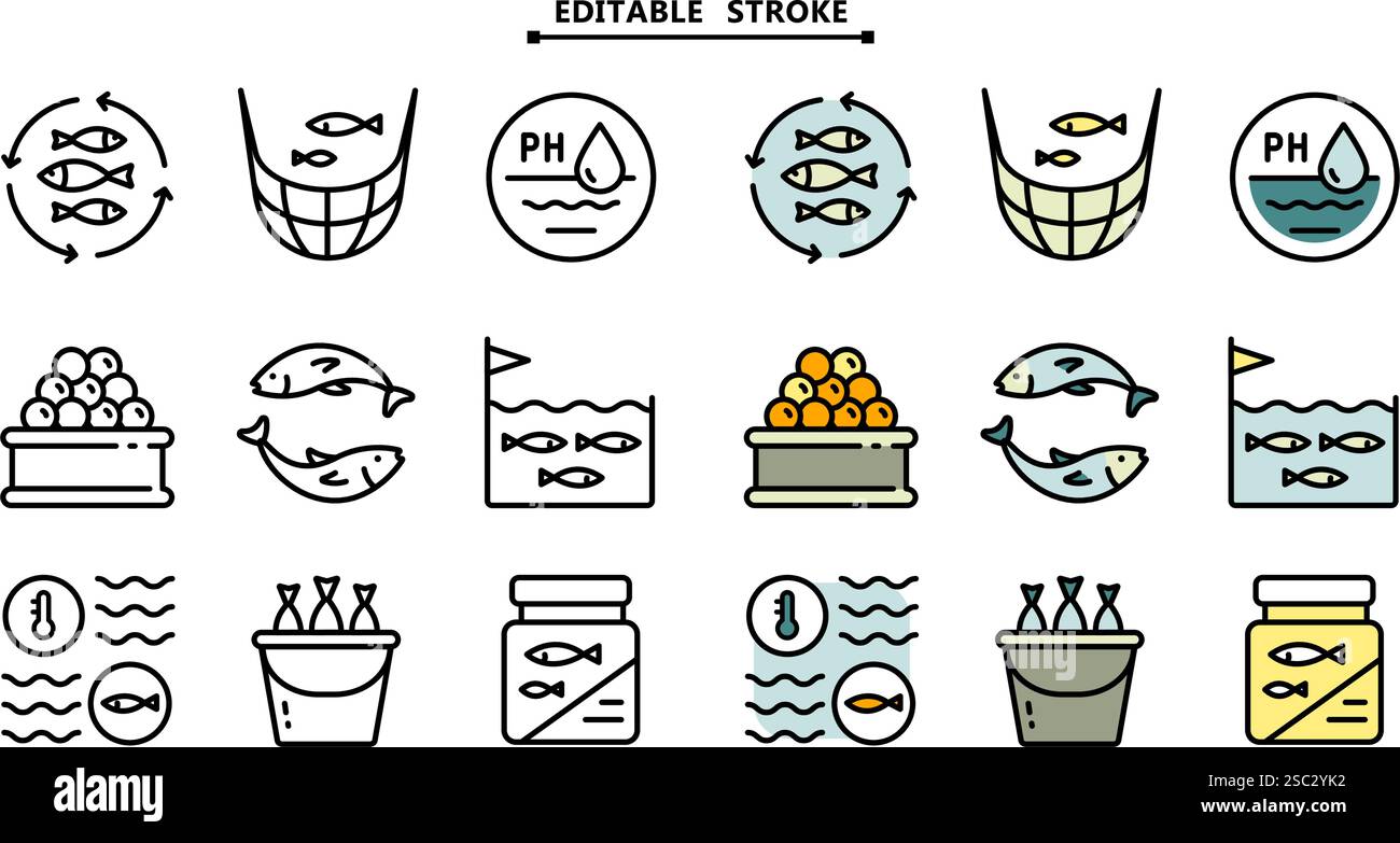 Fish farm icons set. Editable stroke. Color set of fish farm icons ...