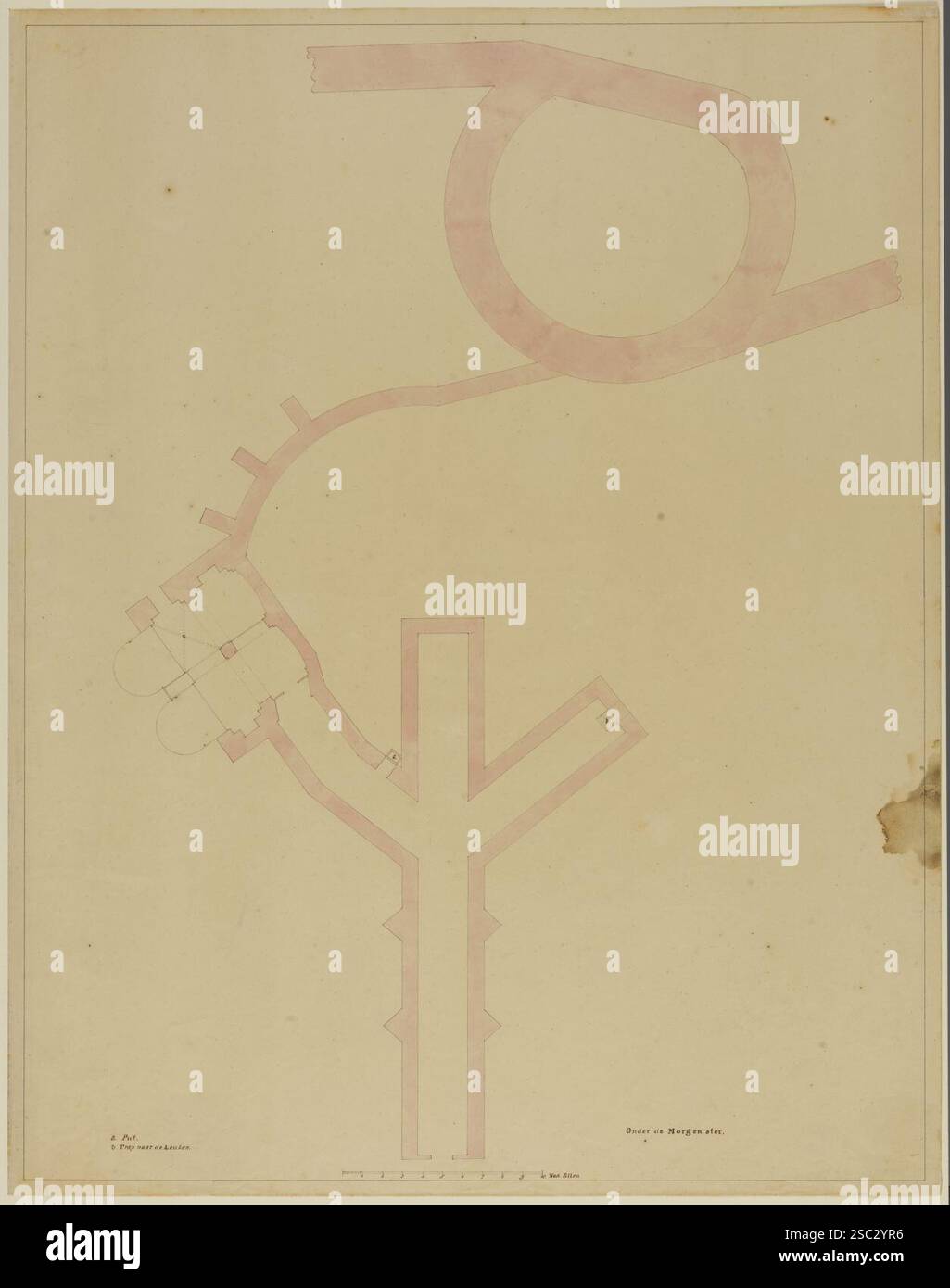 Plattegrond van twee met grond gedekte gangen een dubbel gewelf van het ...