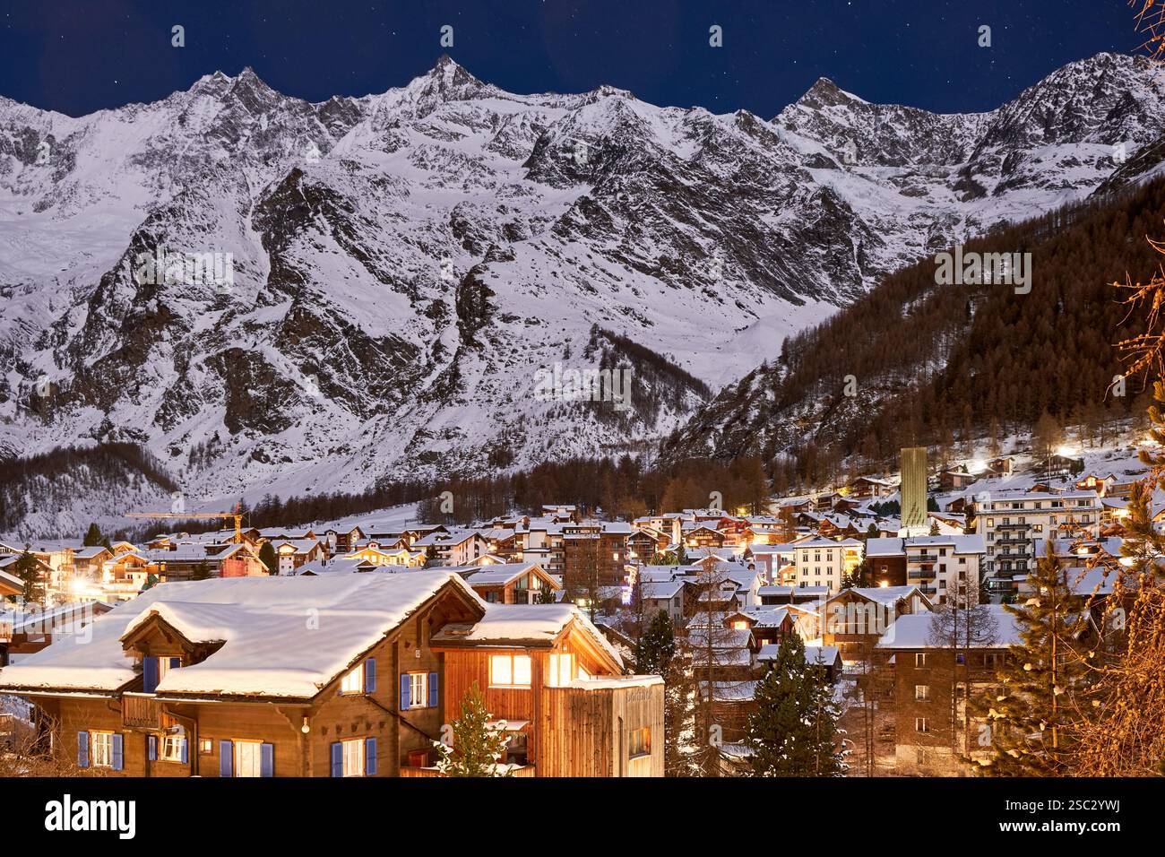 Night views of Saas-Fee ski resort and village in Valais area, Swiss ...